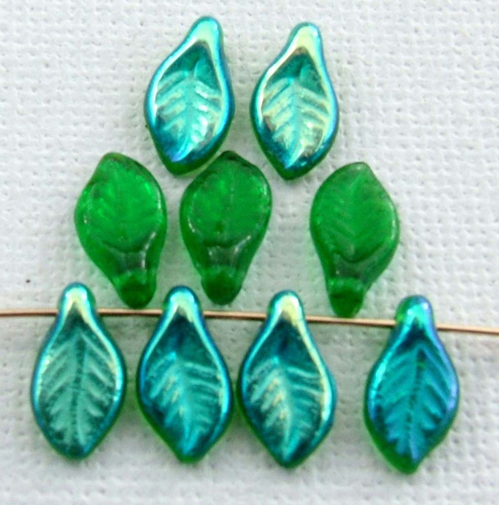 Leaf H Mini 11 mm Green Tr Green AB 50140-28701 Czech Bead x25 ...